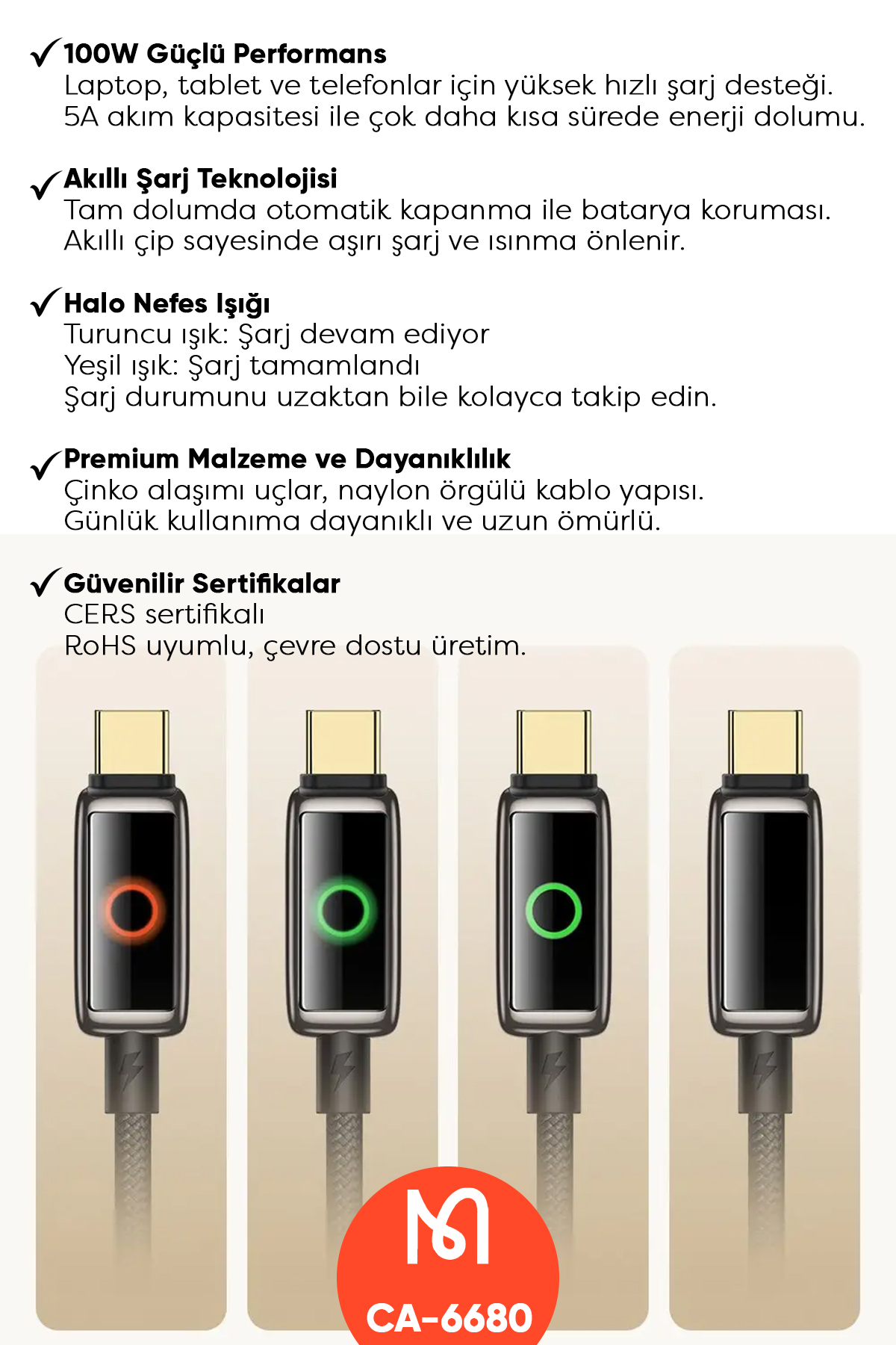 CA-6680 100W TYPE-C To TYPE-C NEFES ALAN IŞIK GÖSTERGELİ PREMİUM 1.2M KABLO